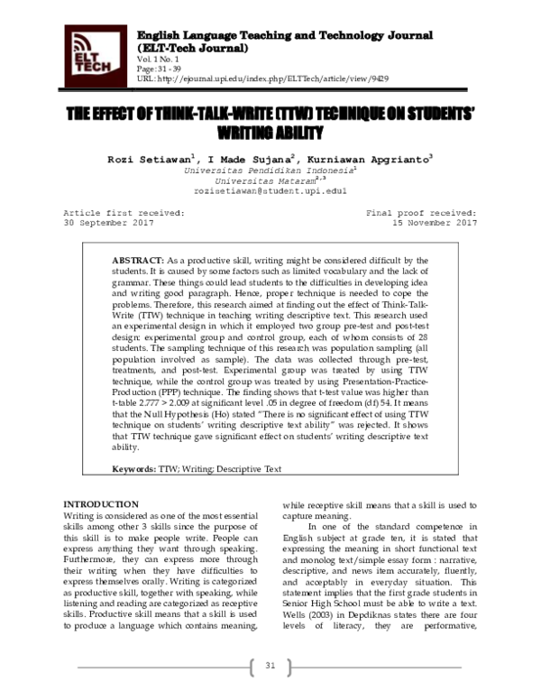 (PDF) The Effect of Think-Talk-Write (TTW) Technique on Students' Writing Ability