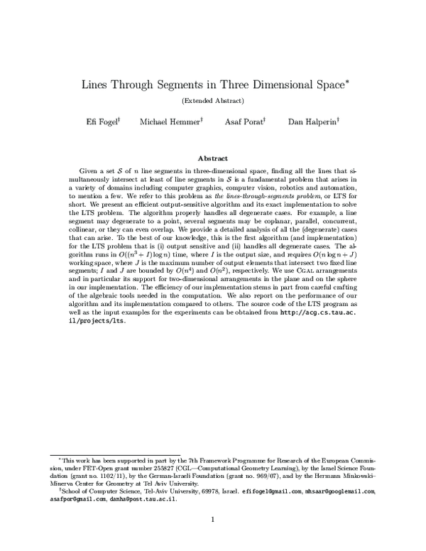 (PDF) Lines Through Segments in Three Dimensional Space ∗
