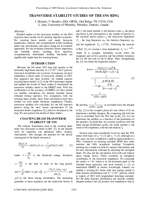 (PDF) Transverse Stability Studies of the SNS Ring