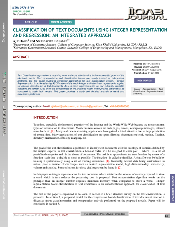 (PDF) Classification of Text Documents Using Integer Representation and Regression : An ...