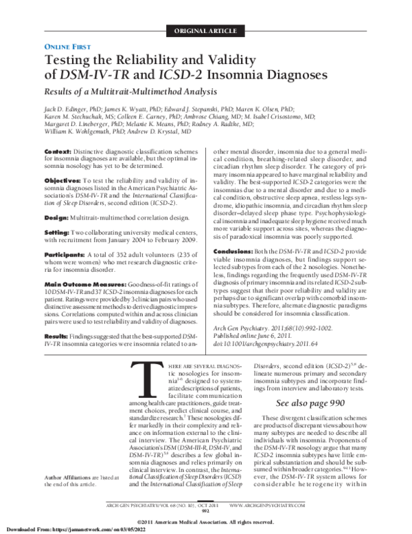 (PDF) Testing the Reliability and Validity of DSM-IV-TR and ICSD-2 ...