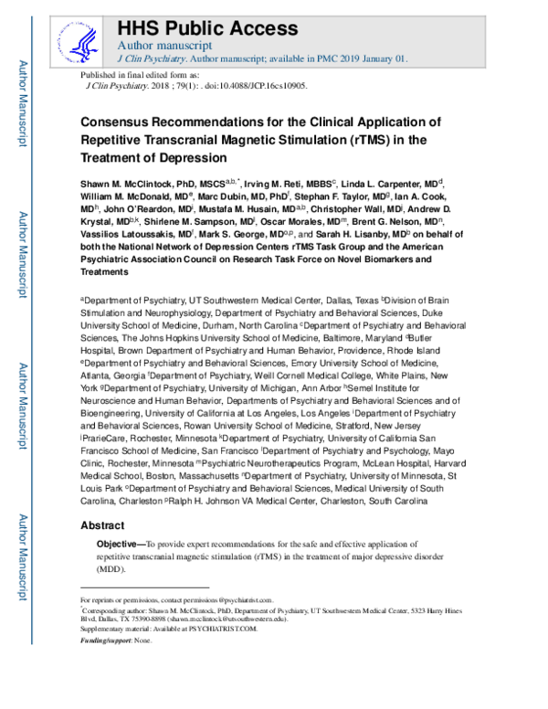 (PDF) Consensus Recommendations for the Clinical Application of Repetitive Transcranial Magnetic ...