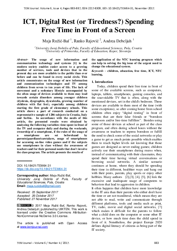 (PDF) ICT, Digital Rest (or Tiredness?) Spending Free Time in Front of ...