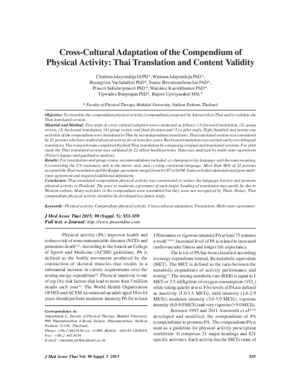 (PDF) Cross-Cultural Adaptation of the Compendium of Physical Activity ...