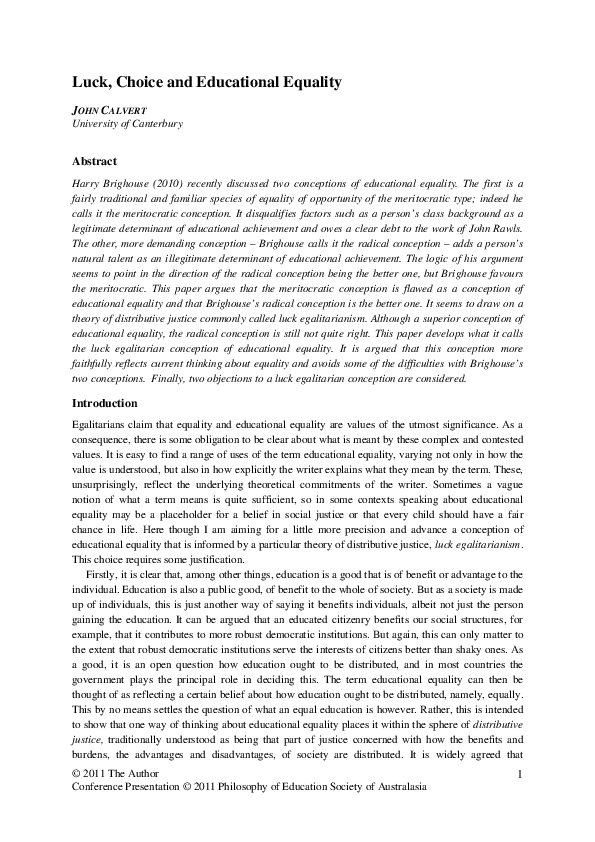 (PDF) Luck, Choice, and Educational Equality