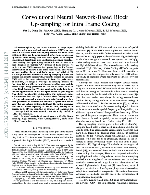 Pdf Convolutional Neural Network Based Block Up Sampling For Intra Frame Coding