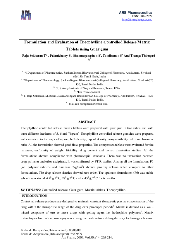 Pdf Formulation And Evaluation Of Theophylline Controlled Release Matrix Tablets Using Guar Gum
