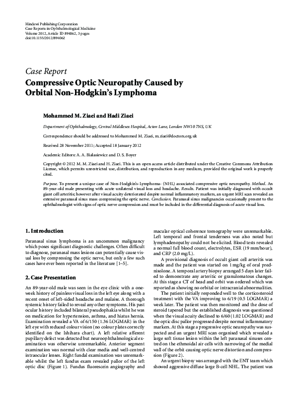 (PDF) Compressive Optic Neuropathy Caused by Orbital Non-Hodgkin's Lymphoma