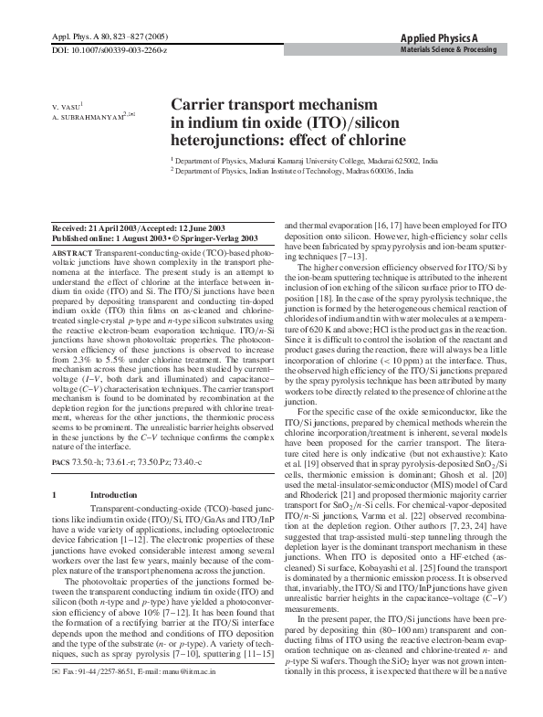 (PDF) Carrier transport mechanism in indium tin oxide (ITO)/silicon ...