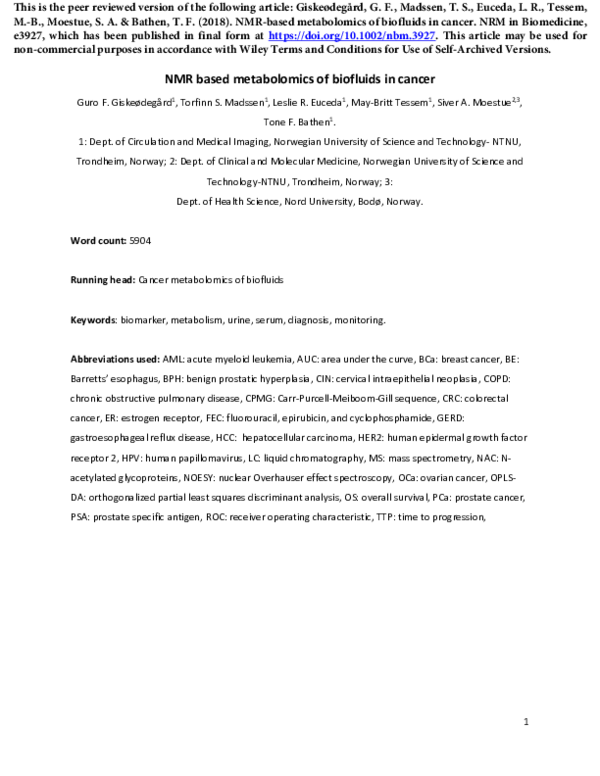 (PDF) 1 NMR based metabolomics of biofluids in cancer