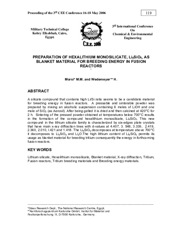 (PDF) PREPARATION OF HEXALITHIUM MONOSILICATE, Li6SiO5, AS BLANKET ...