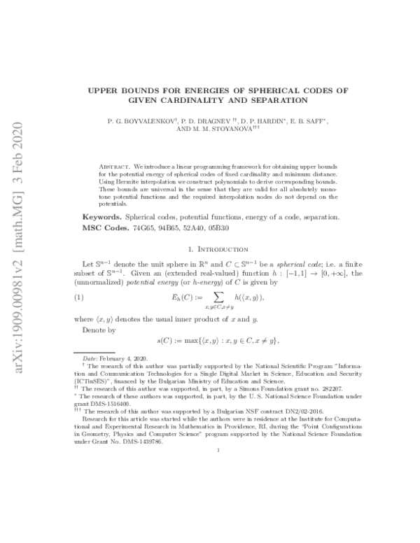(PDF) Upper bounds for energies of spherical codes of given cardinality and separation