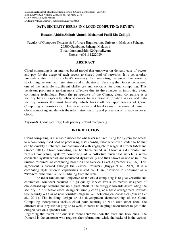(PDF) Data Security Issues in Cloud Computing: Review