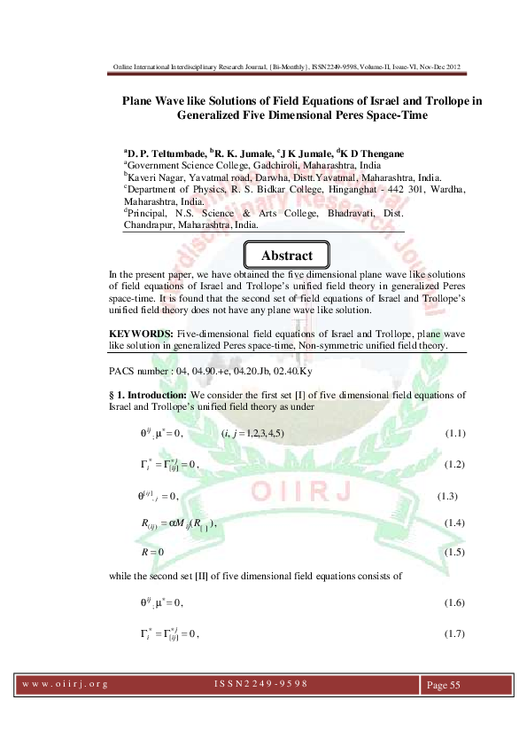 (PDF) Plane Wave like Solutions of Field Equations of Isr ael and ...