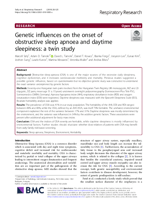 Genetic influences on the onset of obstructive sleep apnoea and daytime ...