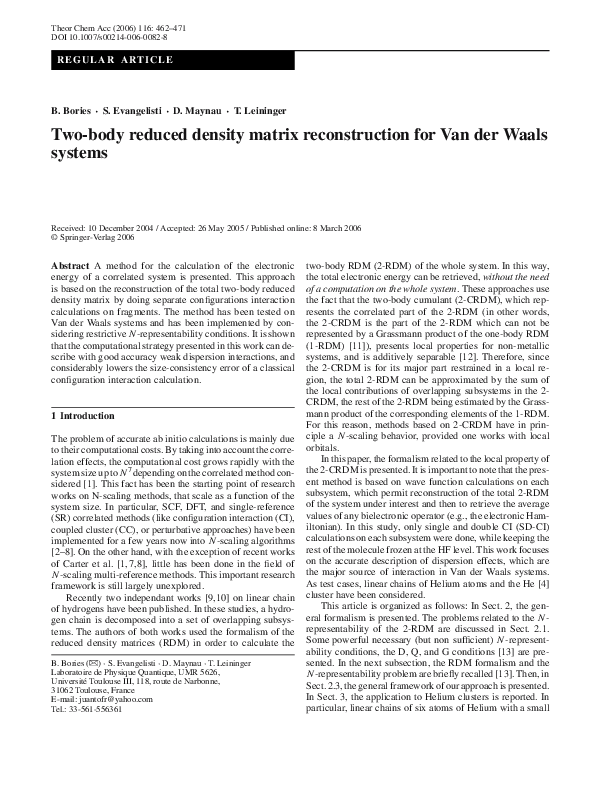 (PDF) Two-body Reduced Density Matrix Reconstruction for Van der Waals ...