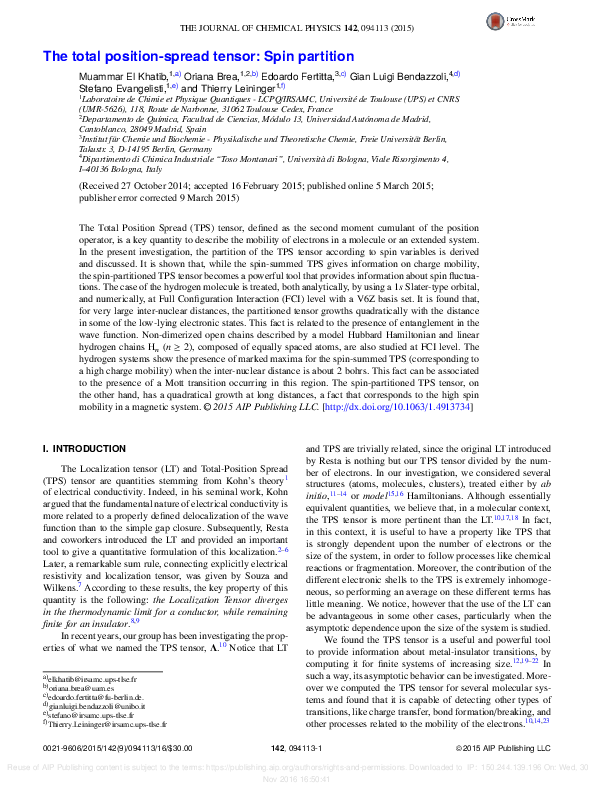 (PDF) The total position-spread tensor: Spin partition