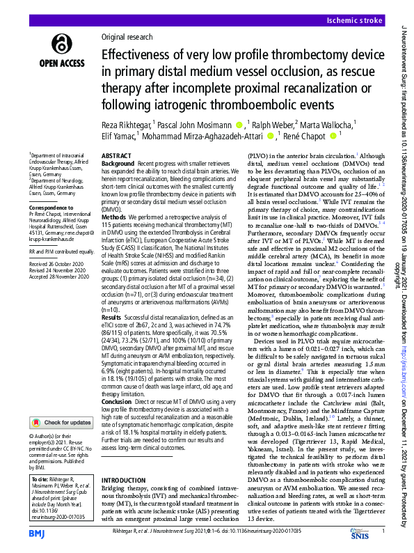 (PDF) Effectiveness of very low profile thrombectomy device in primary ...