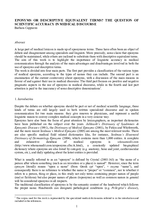 (PDF) Eponyms or Descriptive Equivalent Terms? The Question of ...