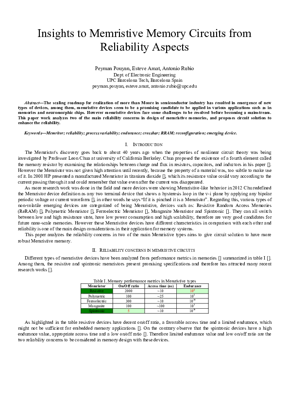 (PDF) Insights to Memristive Memory Circuits from Reliability Aspects