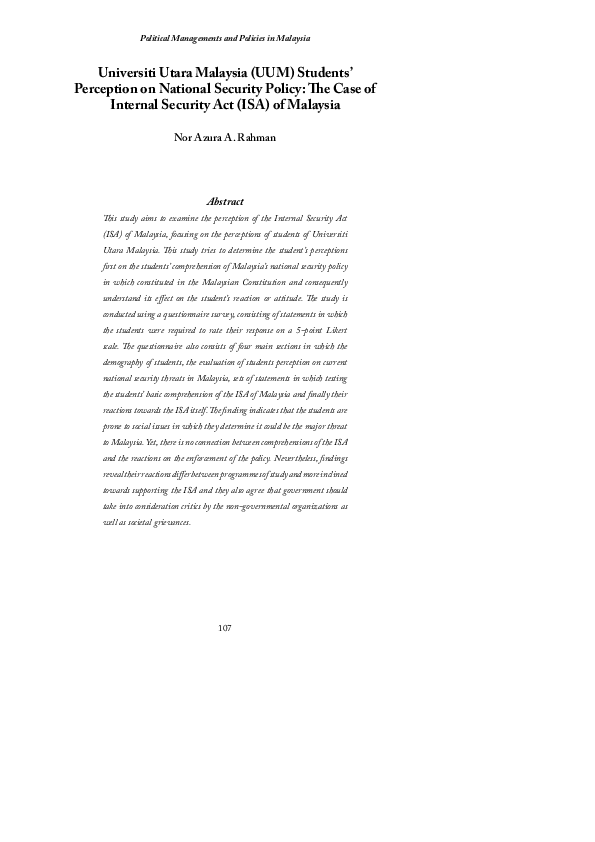 (PDF) Utara Malaysia ( UUM ) Students ’ Perception on National Security ...