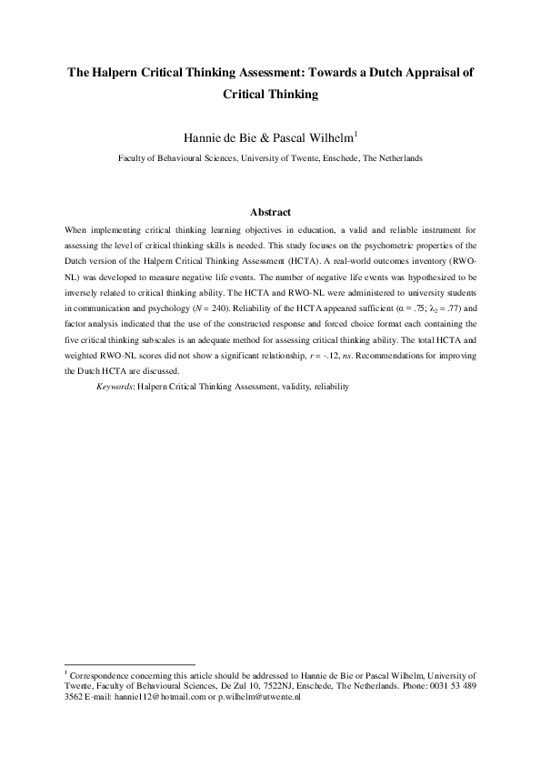 (PDF) The Halpern Critical Thinking Assessment: Toward a Dutch ...