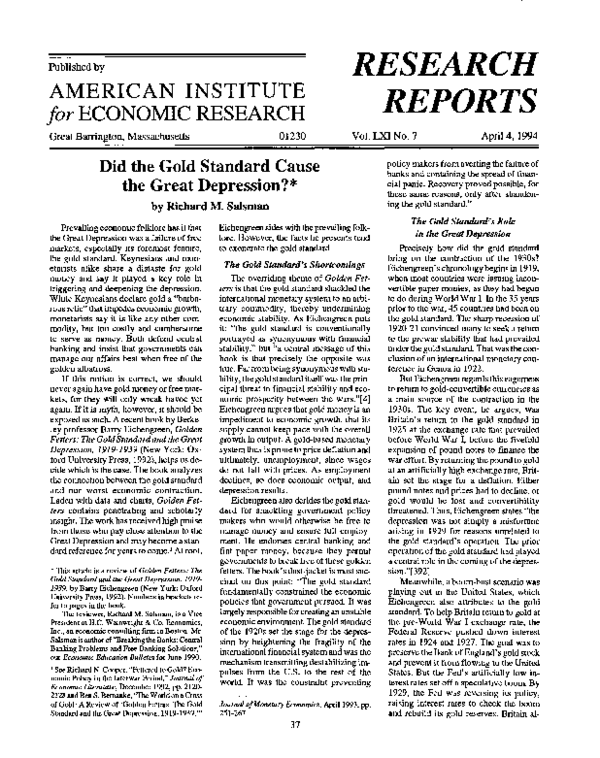 (PDF) Did the Gold Standard Cause the Great Depression