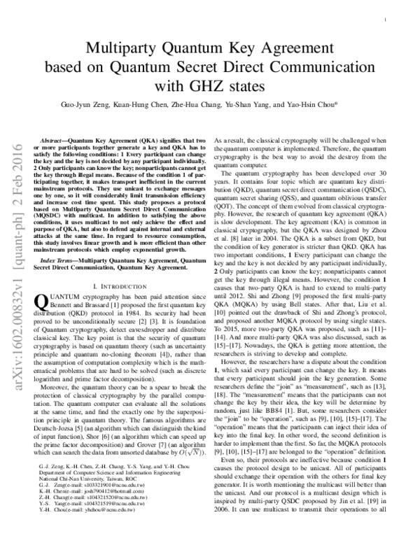 (PDF) Multiparty Quantum Key Agreement based on Quantum Secret Direct ...