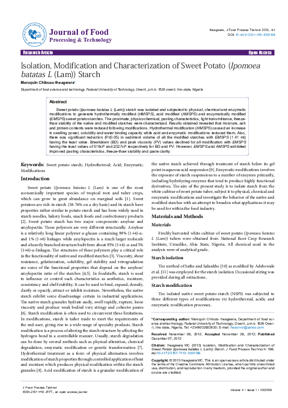 (PDF) Isolation, Modification and Characterization of Sweet Potato (Ipomoea batatas L (Lam)) Starch