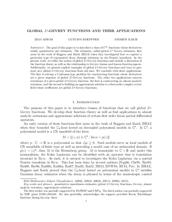 (PDF) Global L-Gevrey Functions and Their Applications