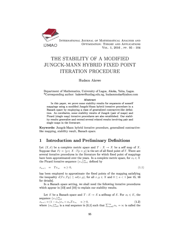 (PDF) The Stability of a Modified Jungck-Mann Hybrid Fixed Point Iteration Procedure