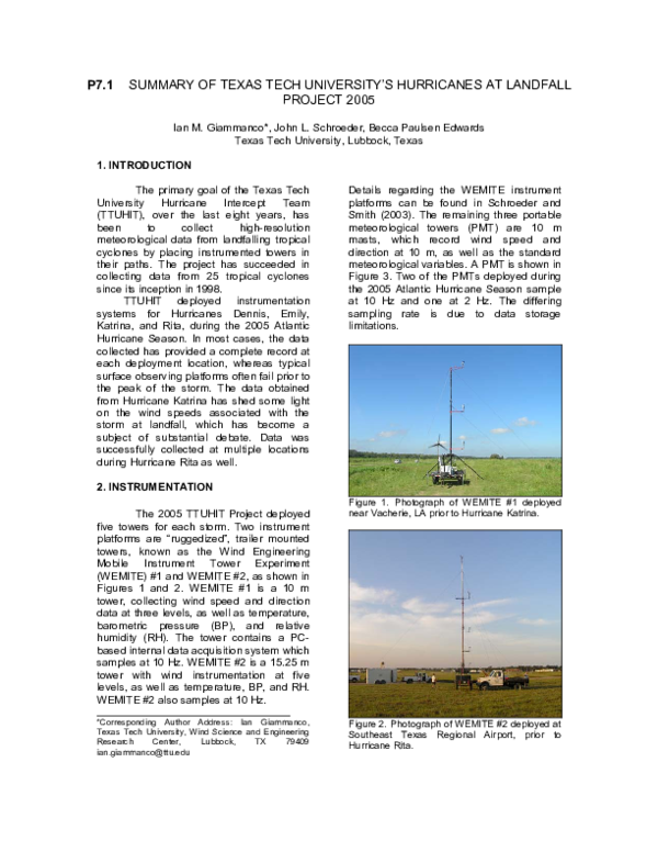 (PDF) Summary of Texas Tech University's hurricanes at landfall project ...