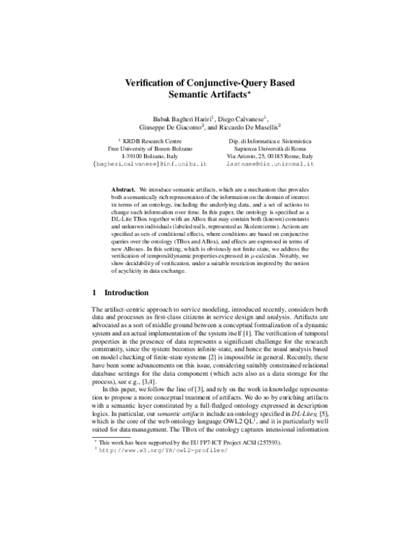 (PDF) Verification of Conjunctive-Query Based Semantic Artifacts⋆