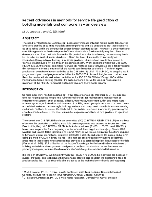 (PDF) Recent advances in methods for service life prediction of ...