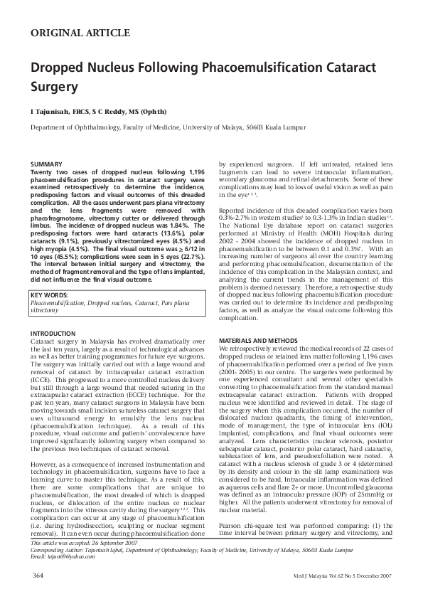 (PDF) Dropped nucleus following phacoemulsification cataract surgery