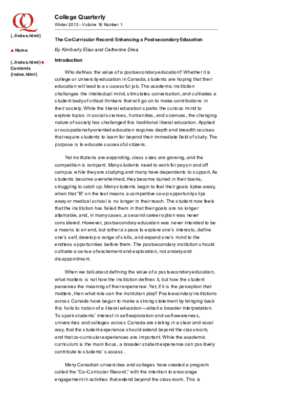 (PDF) The Co-Curricular Record: Enhancing a Postsecondary Education