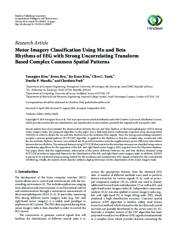 (PDF) Motor Imagery Classification Using Mu and Beta Rhythms of EEG ...