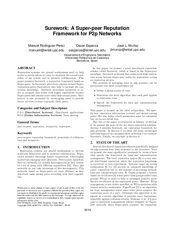(PDF) Surework: a super-peer reputation framework for p2p networks