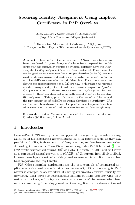 Pdf Securing Identity Assignment Using Implicit Certificates In P2p Overlays 2732