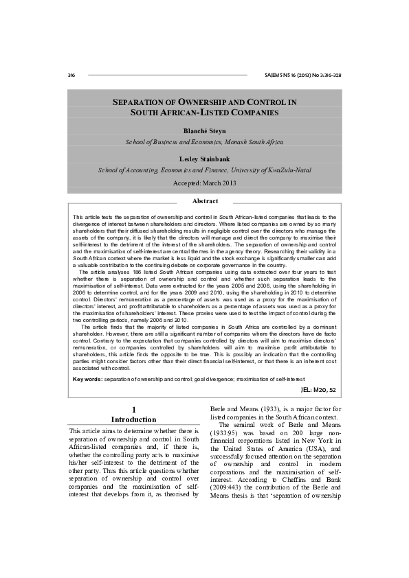 (PDF) Separation of Ownership and Control in