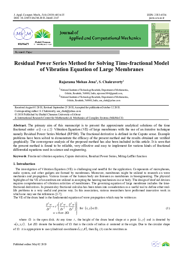 Pdf Residual Power Series Method For Solving Time Fractional Model Of Vibration Equation Of