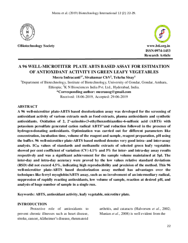 (PDF) A 96 Well-Microtiter Plate Abts Based Assay for Estimation of ...