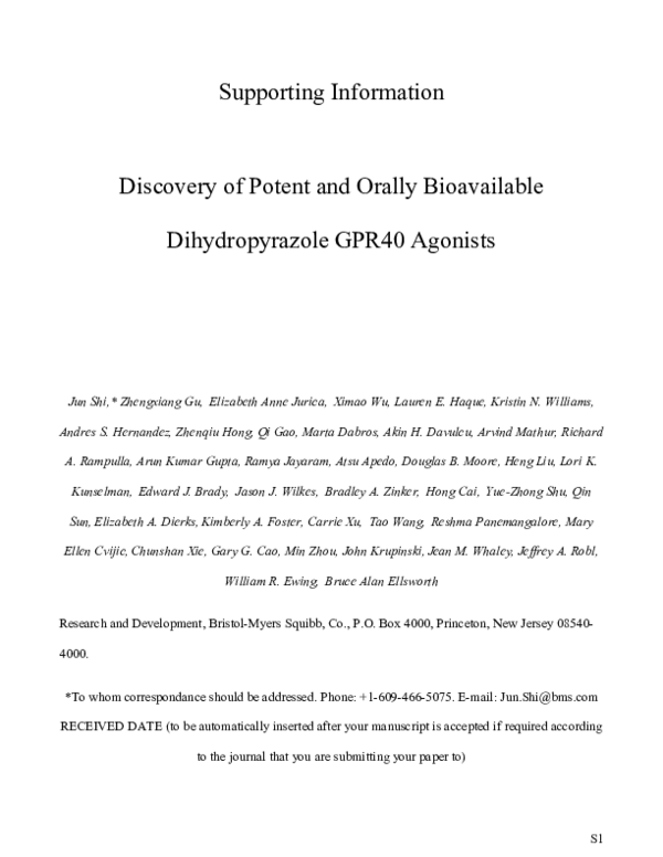 (PDF) Discovery of Potent and Orally Bioavailable Dihydropyrazole GPR40 ...