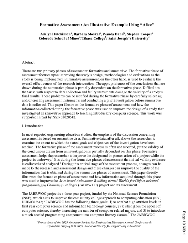 (PDF) Formative Assessment: An Illustrative Example Using “Alice”
