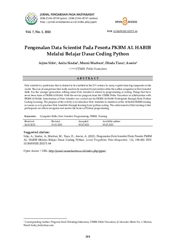 (PDF) Pengenalan Data Scientist Pada Peserta PKBM AL HABIB Melalui Belajar Dasar Coding Python