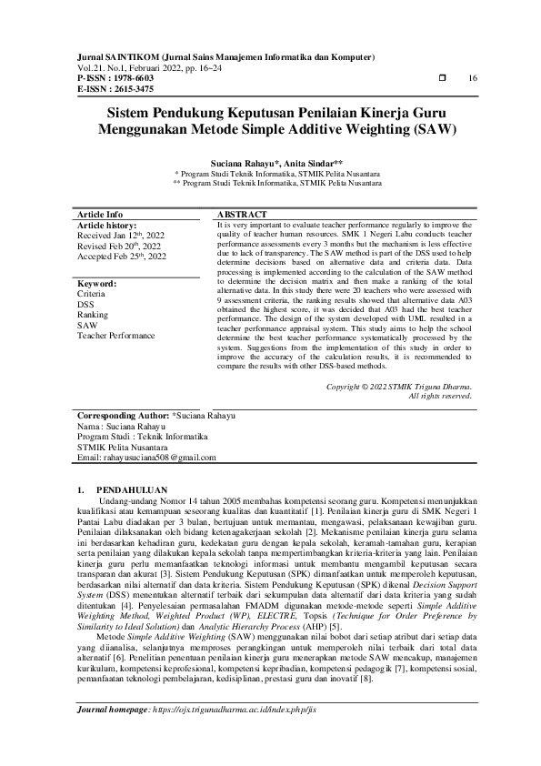 (PDF) Sistem Pendukung Keputusan Penilaian Kinerja Guru Menggunakan Metode Simple Additive Weighting