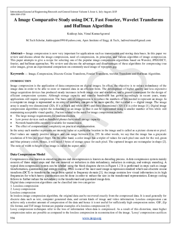 (PDF) A Image Comparative Study using DCT, Fast Fourier, Wavelet Transforms and Huffman Algorithm