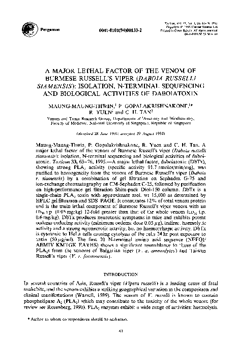 A major lethal factor of the venom of Burmese Russell's viper (Daboia ...