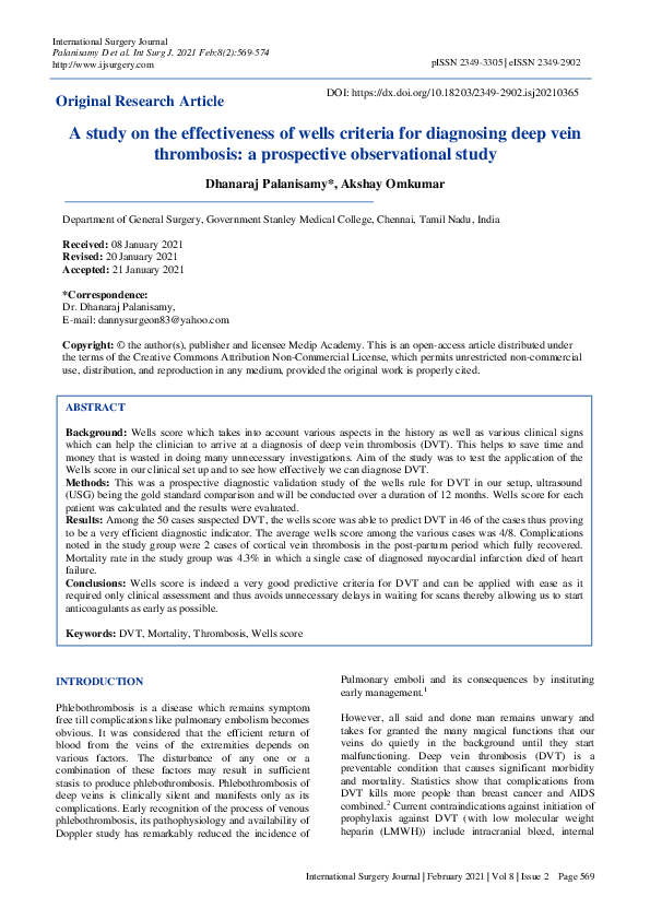 (PDF) A study on the effectiveness of wells criteria for diagnosing ...