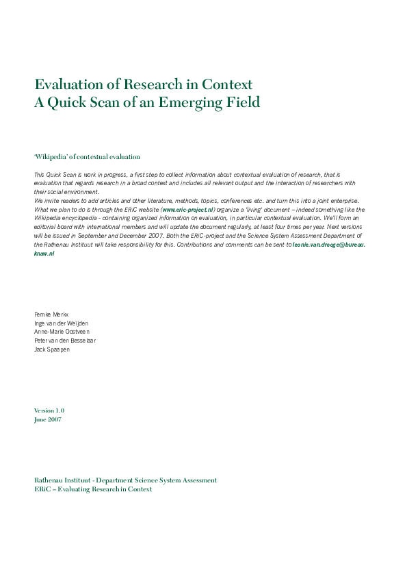 (PDF) Evaluation of Research in Context A Quick Scan of an Emerging ...